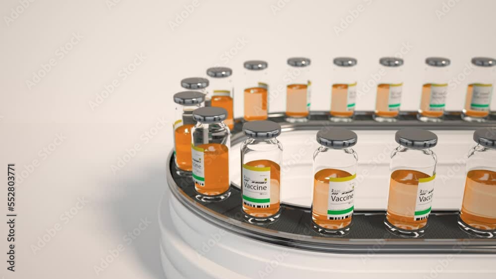 Ampoules with orange liquid are moved along a pharmaceutical conveyor ...