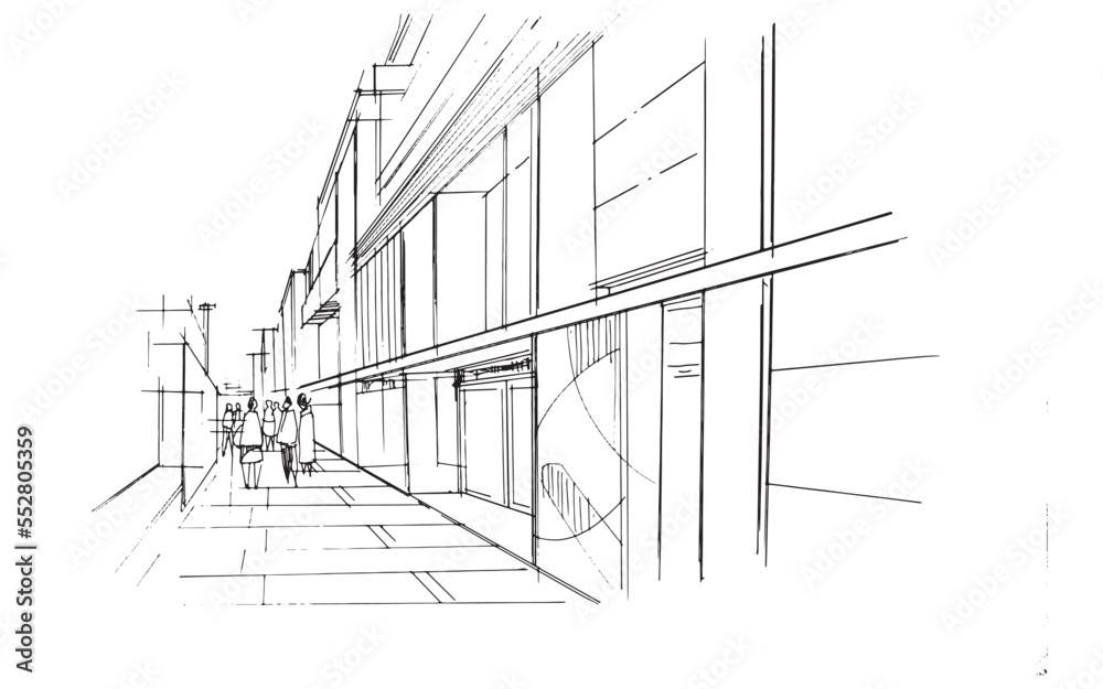 Line drawing of a large city in a pedestrian perspective,modern design ...