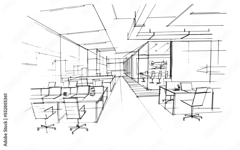 office work area sketch drawing,Modern design,vector,2d illustration ...