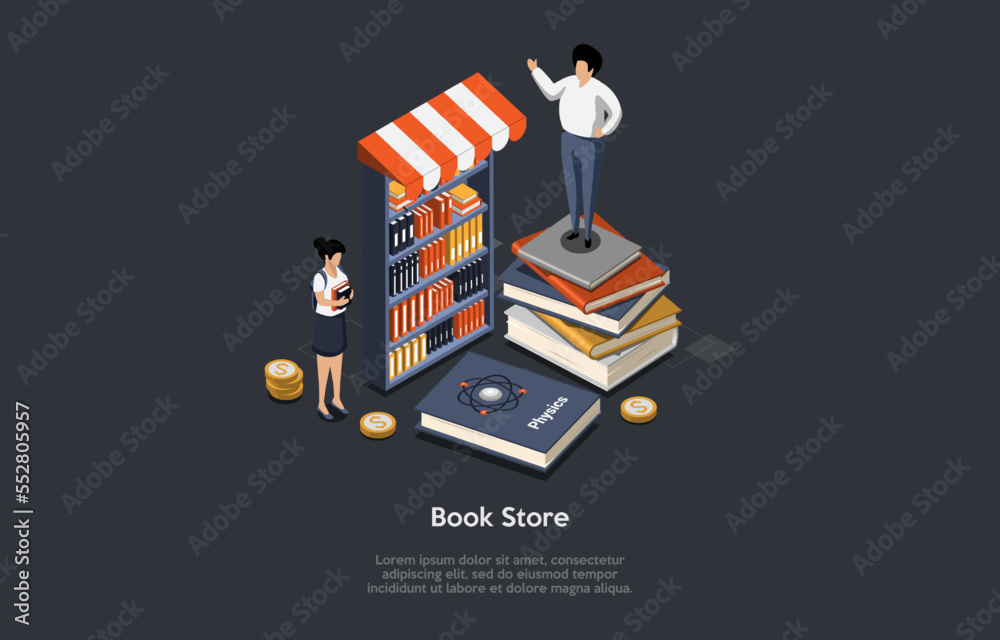 Concept Of Education, Book Store Or Public Library With Bookcase. Man ...