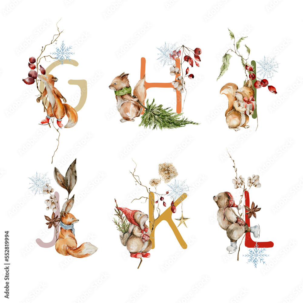 Watercolor cute christmas woodland alphabet. Hand painted letters ...