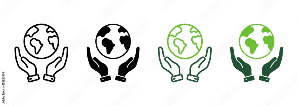 World Environment Conservation Line and Silhouette Icon Set. Hand Hold ...