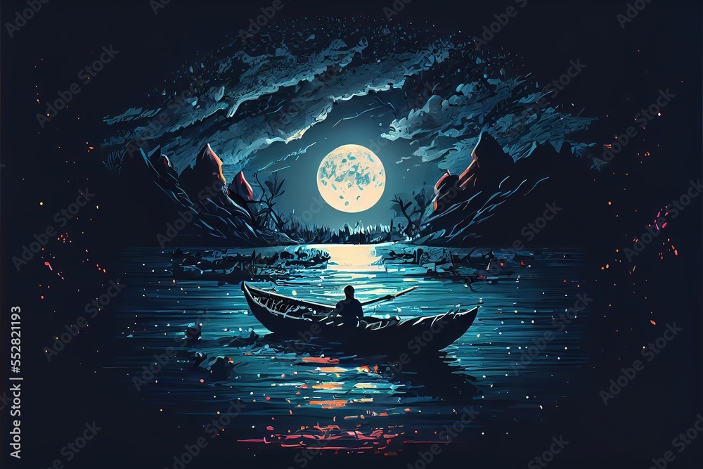 Night scenery of a man rowing a boat among many glowing moons floating ...