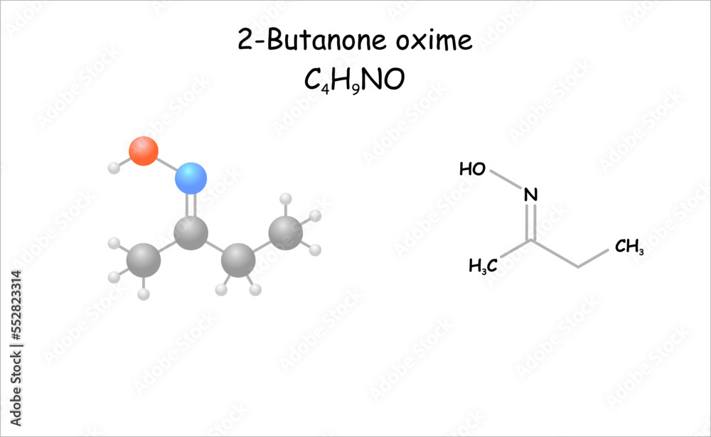 Stylized 2d molecule model/structural formula of 2-Butanone oxime. Glaze and laquer additive ...
