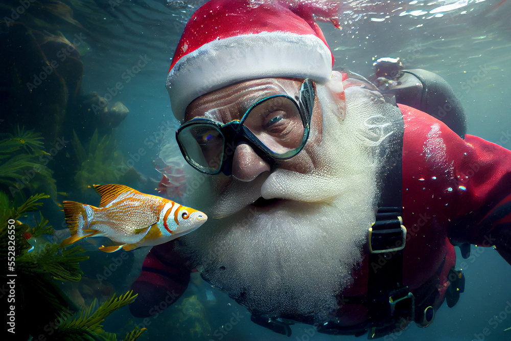 Santa Swimming Underwater with Exotic Sealife. Generative ai Stock ...