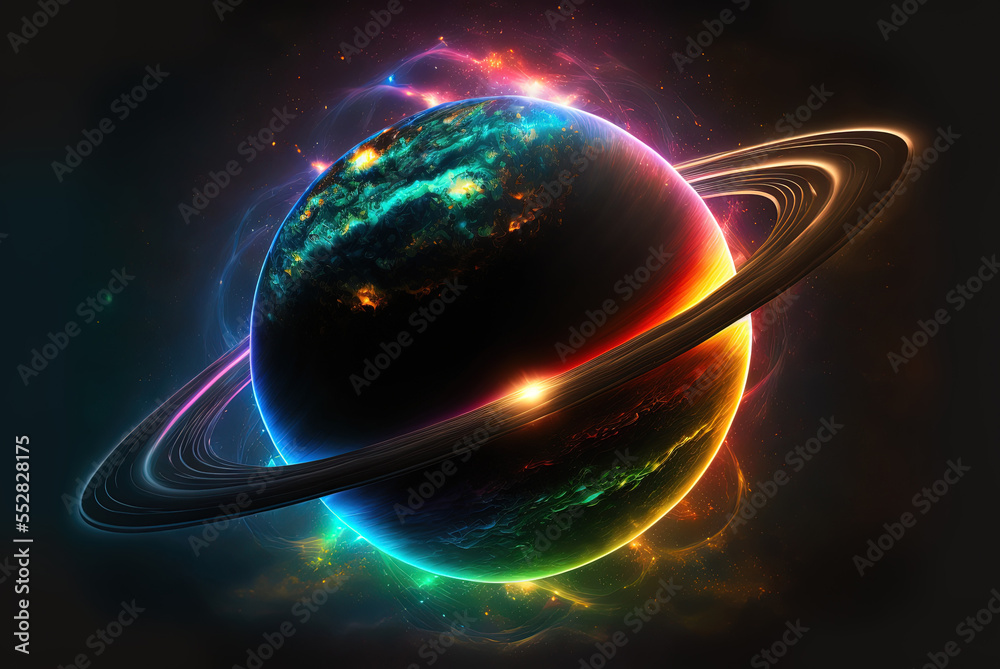 Astronomy. a ringed planet in outer space. A black sphere encircled by ...