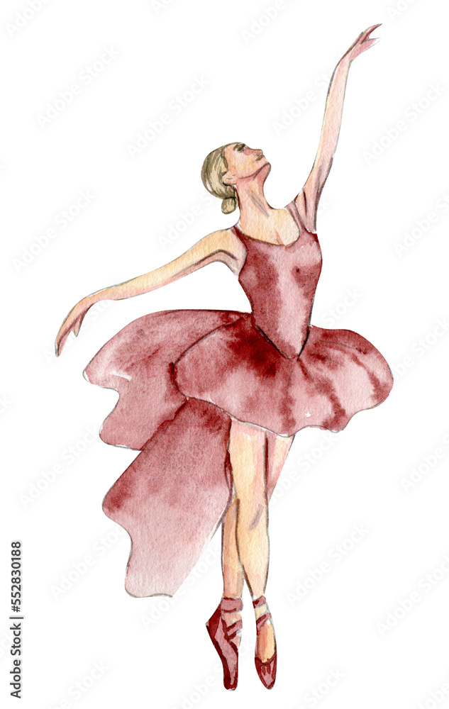 Watercolor Dancing Ballerina In Pink Dress Isolated Dancing Ballerina