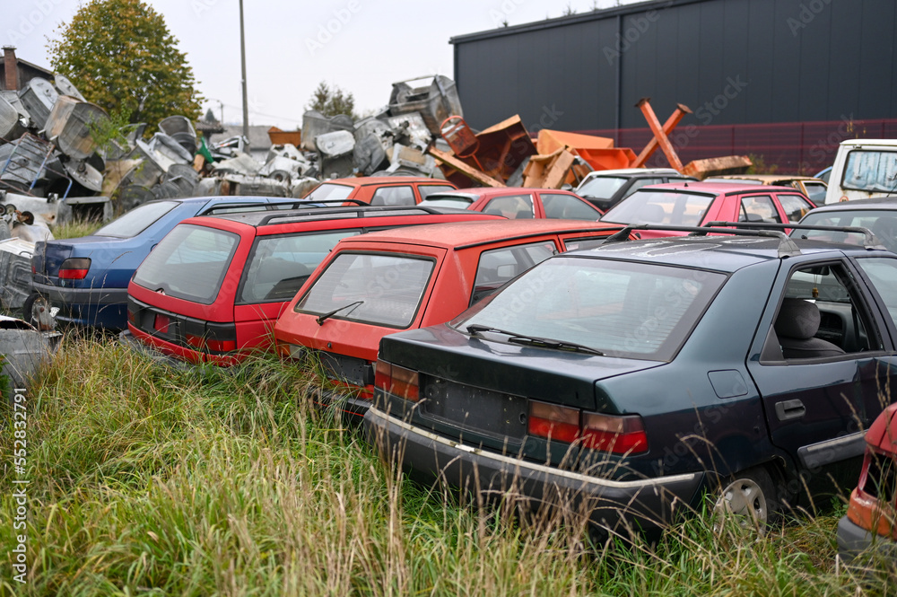 Old broken Cars on scrap yard being used for spare parts. Auto Scrap ...