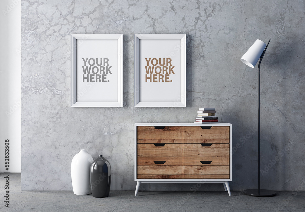 Two vertical poster Frames Mockup hanging above wooden chest Stock ...