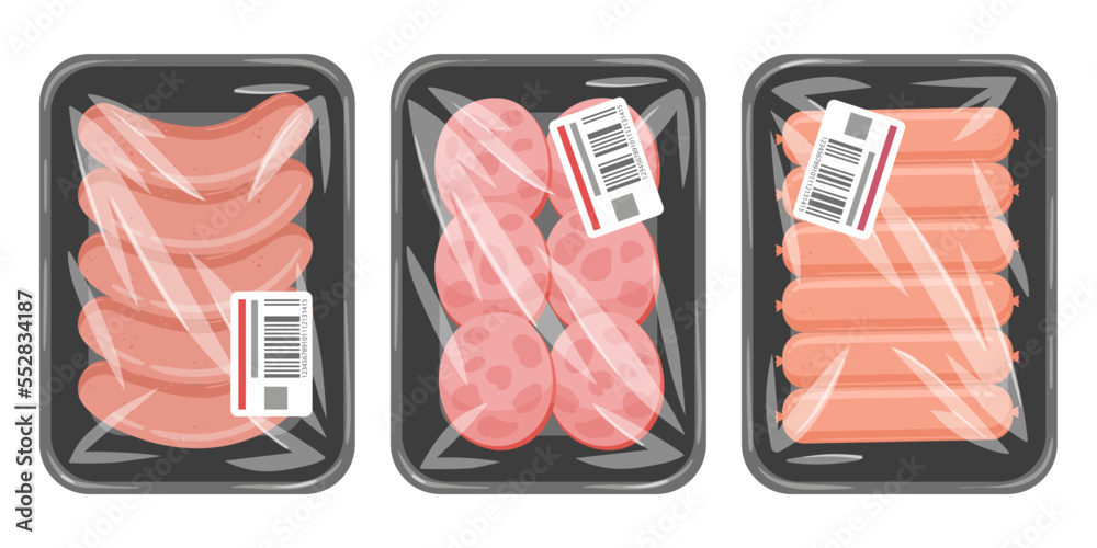 Cartoon meat sausages on plastic tray. Packed with vacuum plastic ...