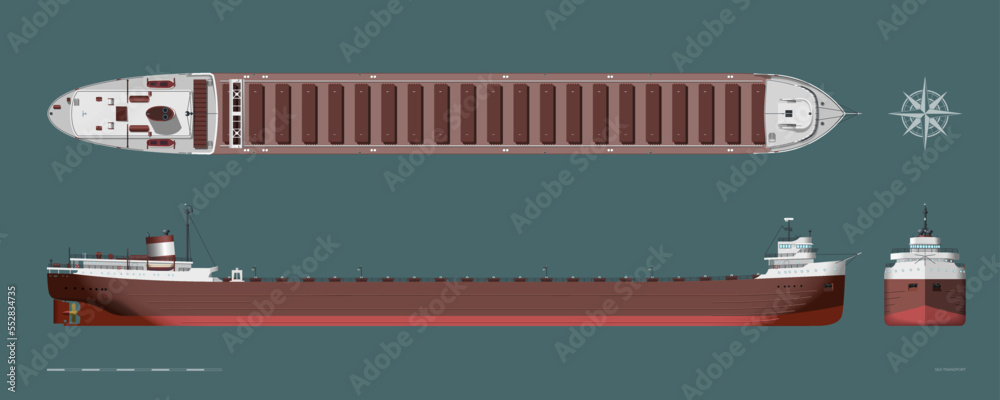 Cargo ship industrial blueprint. Front, side and top views of boat ...