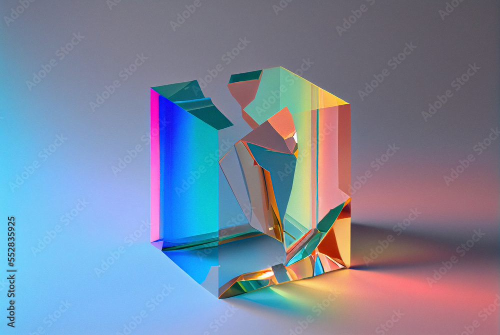 An irregularly shaped broken prism, crystal through which light passes ...