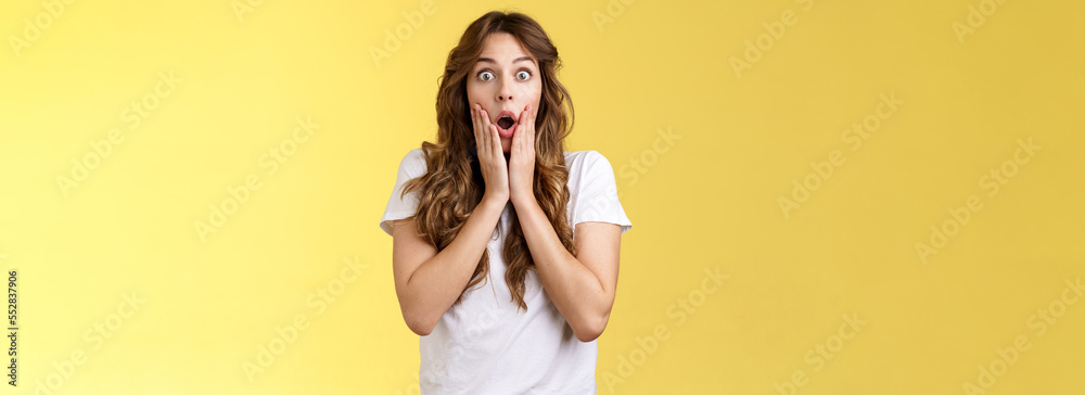 Shocked speechless impressed curly-haired silly girl drop jaw gasping ...