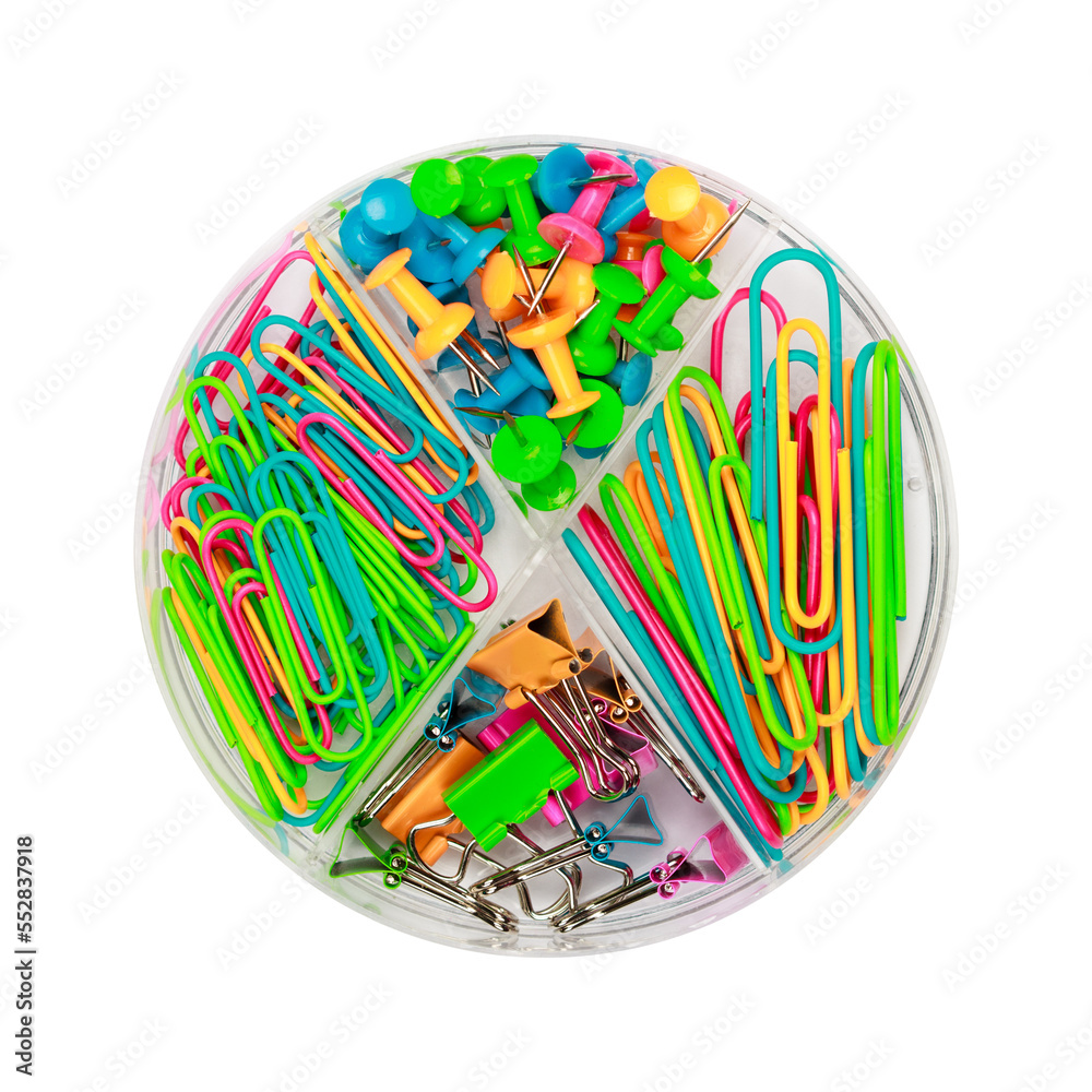 Paper clips and push-pins in a box, PNG isolated on transparent ...
