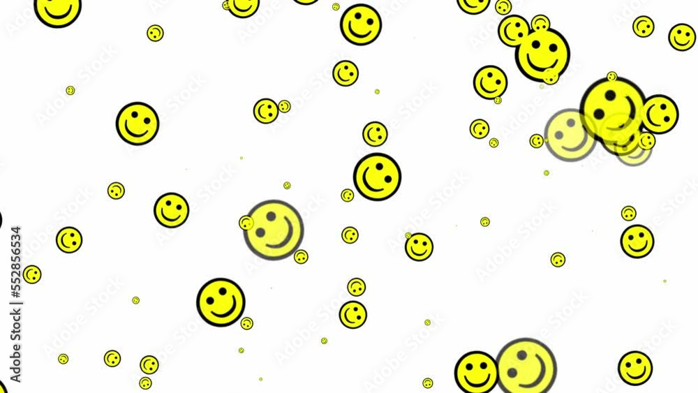 Yellow smiles flying on white background into the view show happiness ...