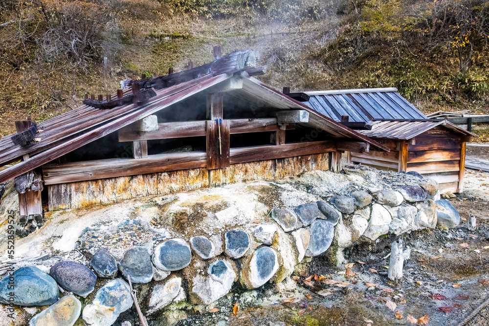 Old wooden onsen bath houses spa buildings in Nikko Japan Stock Photo ...