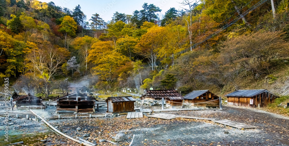 Old wooden onsen bath houses spa buildings in Nikko Japan Stock Photo ...