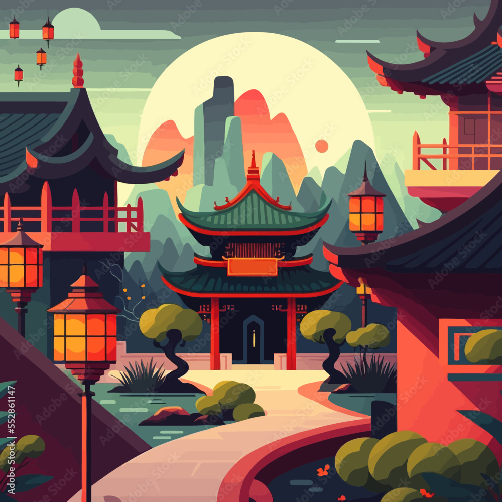illustration of asian Chinese Japan temple castle and mountains ...