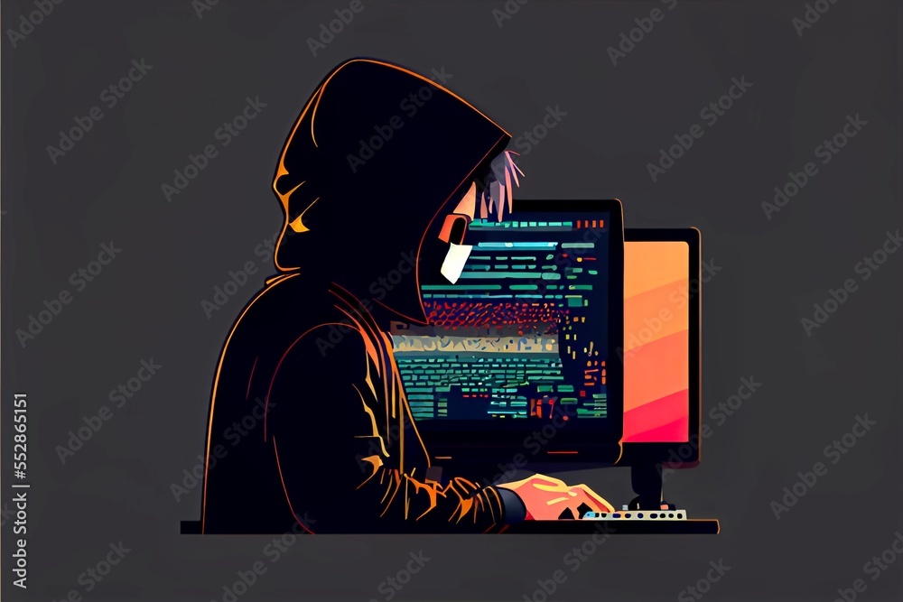 Generative AI render of a hacker at work Stock Illustration | Adobe Stock