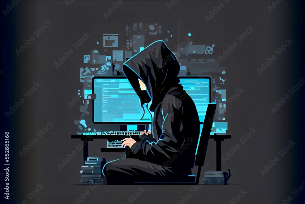 Generative AI render of a hacker at work Stock Illustration | Adobe Stock