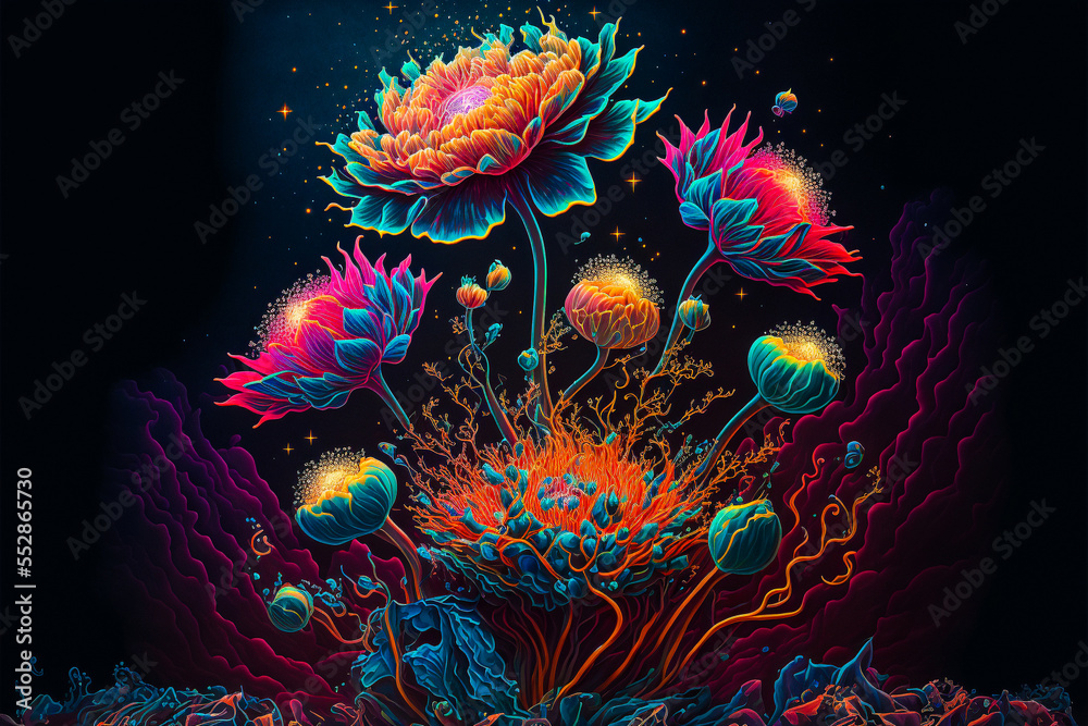 Colorful cosmic fantasy flowers in space. Created with generative AI ...