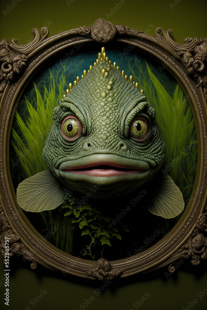 Framed swamp creature with amphibian and fish like features. Green in ...