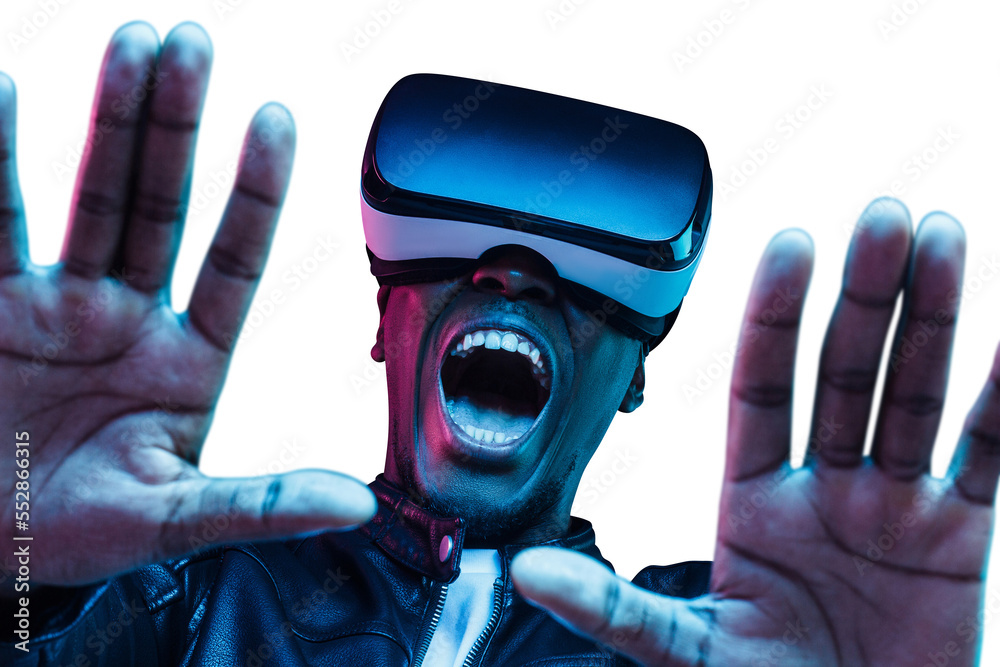 Headshot of shocked african man enjoying virtual reality with mouth ...