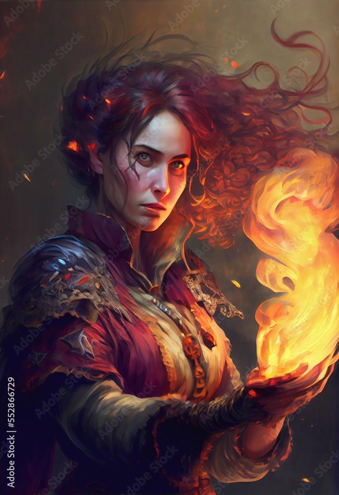 female magician sorcerous magic user, fire, fireball, element strength ...
