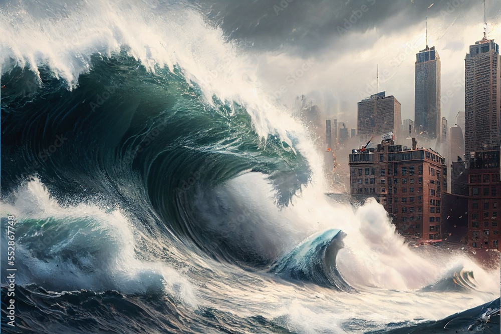 huge wave surge, sea rising water cityscape, city, storm danger ...