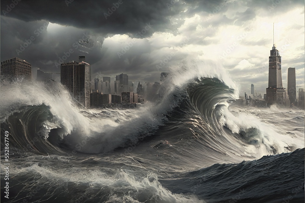 huge wave surge, sea rising water cityscape, city, storm danger ...