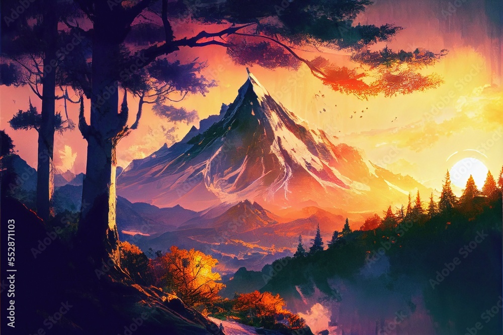 mountain tree forest clouds tree sunset, anime landscape Stock ...
