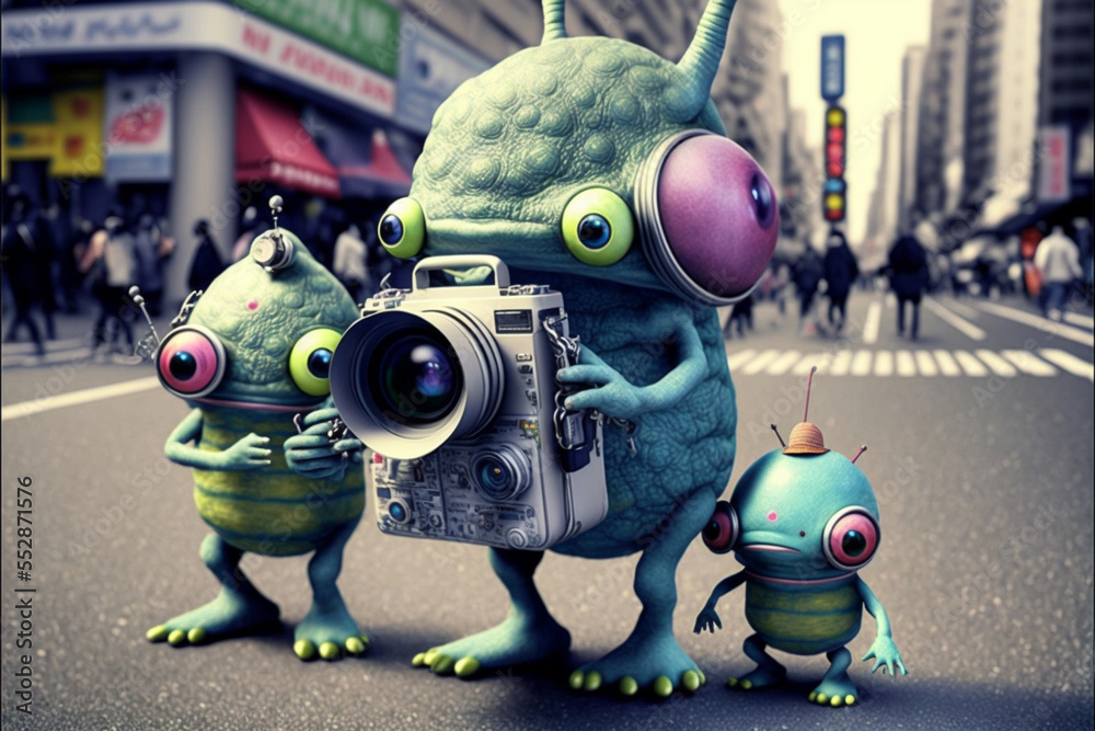 Family of cute alien monster tourists on the street in a big city ...