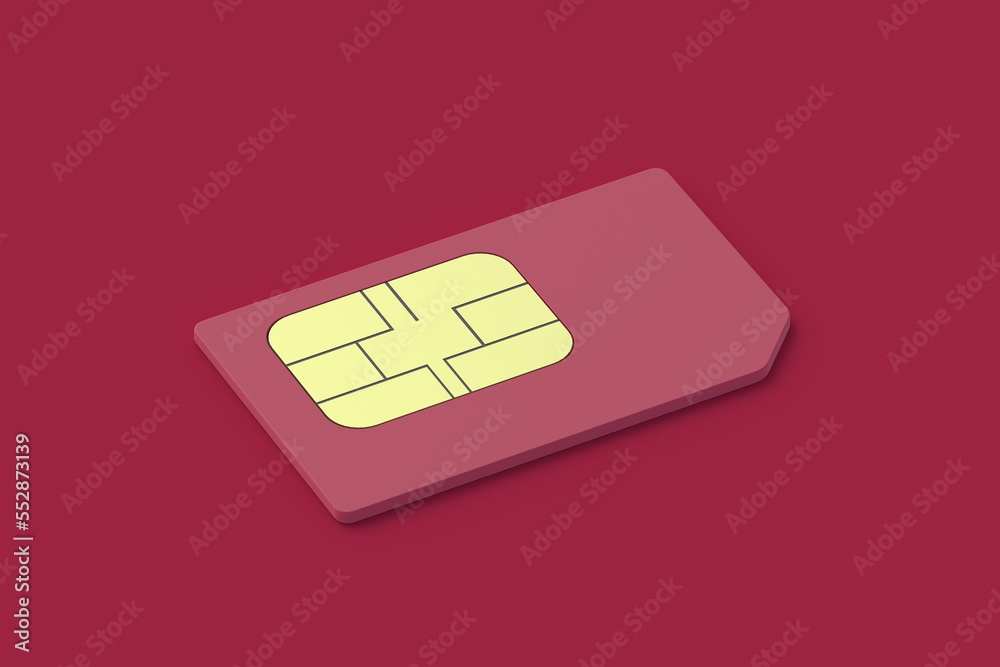 Sim card of magenta on red background. Color of the year 2023. 3d ...
