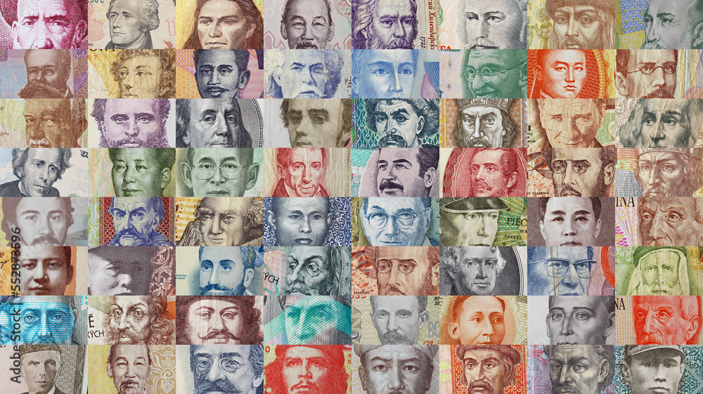 Paper cash money element collage. Currency set. Banknote portraits ...