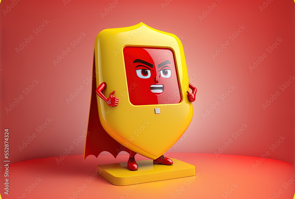 Character mascot red metal shield of protection with a yellow backdrop ...