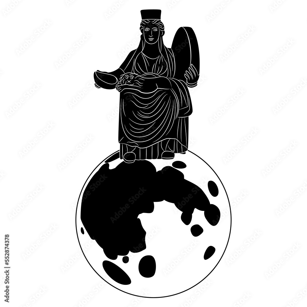 Goddess Cybele sitting on a shining full moon. Great mother archetype ...