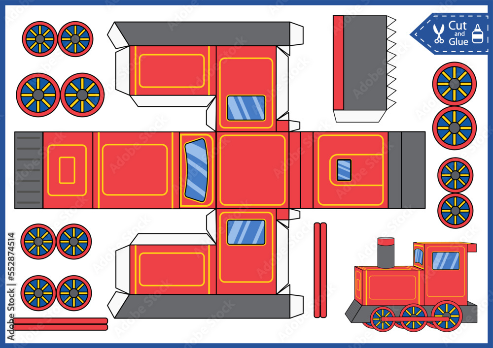 Cut and glue a paper train. Kids craft activity page. Children ...