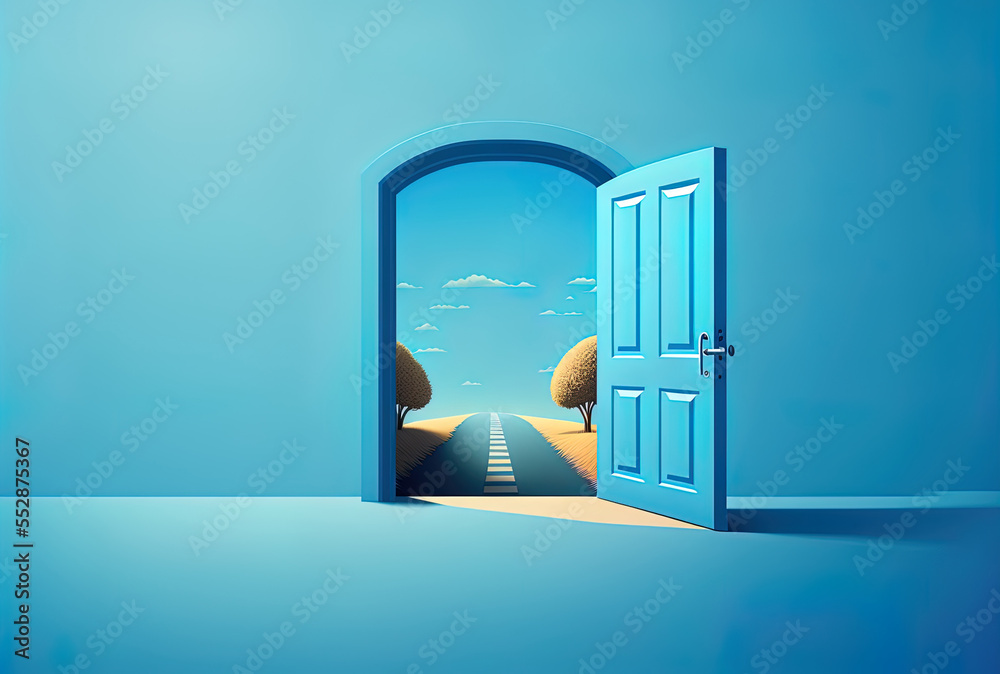 Blue open door on a blue background with an open door at the end of the ...