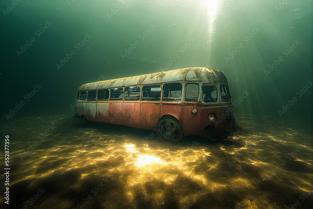 Submerged and abandoned old-school bus at the bottom of a body of water ...