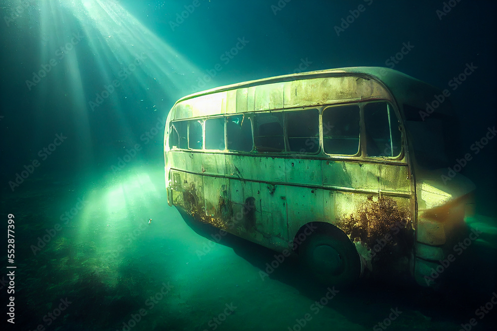 Submerged and abandoned school bus at the bottom of a body of water ...