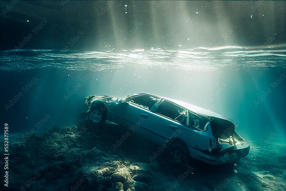 An old car submerged and illuminated by sunlight deep within the ocean ...