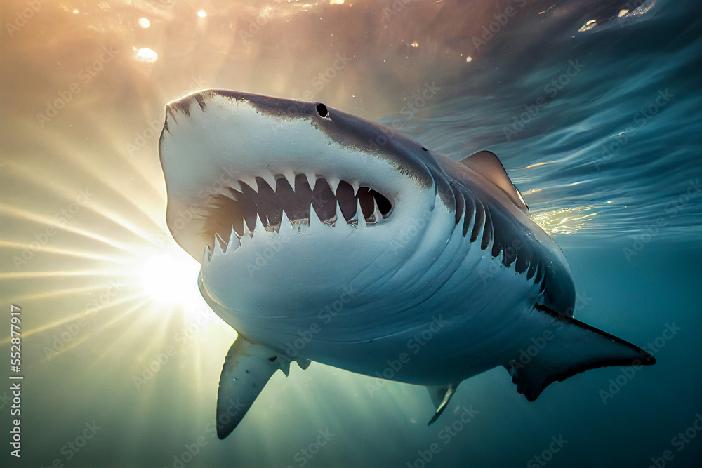 Ilustração do Stock: A threatening shark illuminated by the sun's rays ...