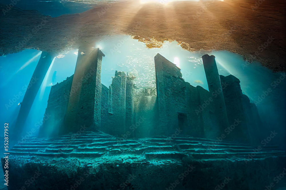 Remains of an underwater archaeological ruin, illuminated by the sun ...
