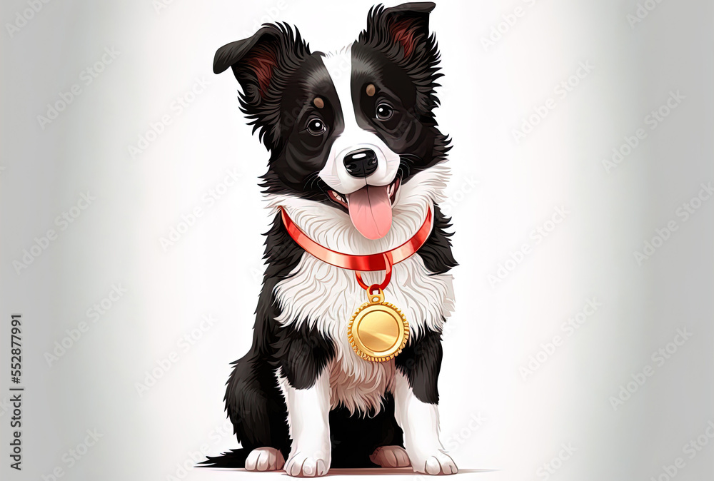 Border collie puppy dog with gold trophy medal, victor, or champion ...