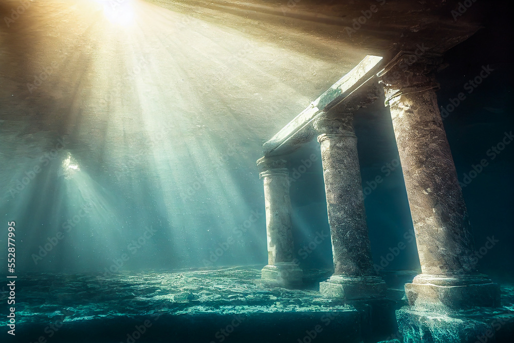 Submersed ruins illuminated by sunrays, antique columns and remenants ...