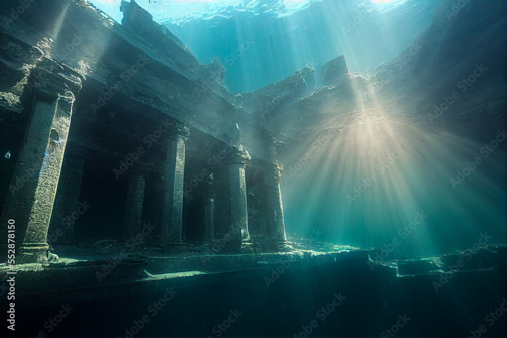 Maritime ruins reminiscent of Atlantis illuminated by the sun's rays. Travel through prehistory ...