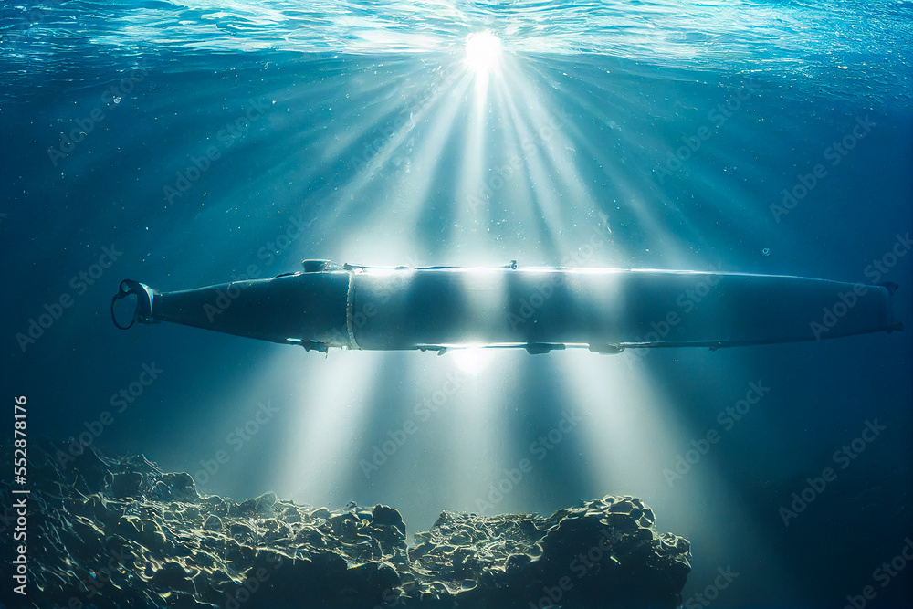 Submarine gliding beneath the ocean surface illuminated by golden rays ...