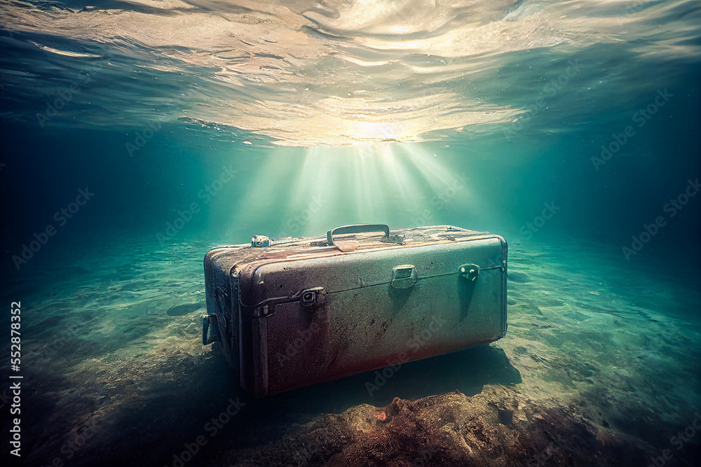 Retro and vintage antique trunk submerged at the bottom of the water ...