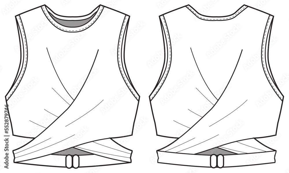 Womens Sleeveless Crop Top T Shirt With Wraparound Waist Flat Sketch
