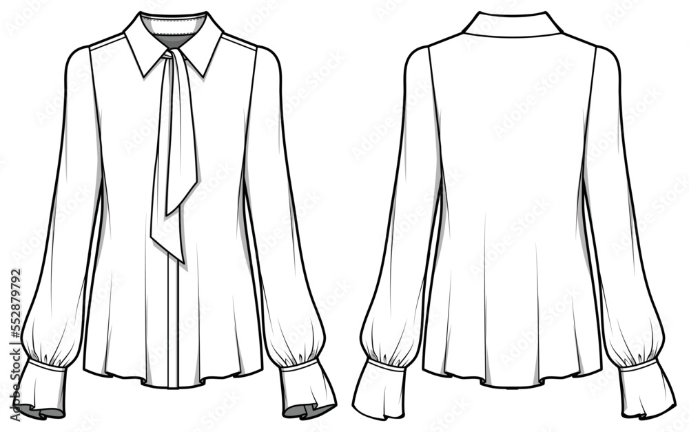 Women bishop sleeve bow blouse design flat sketch fashion illustration ...